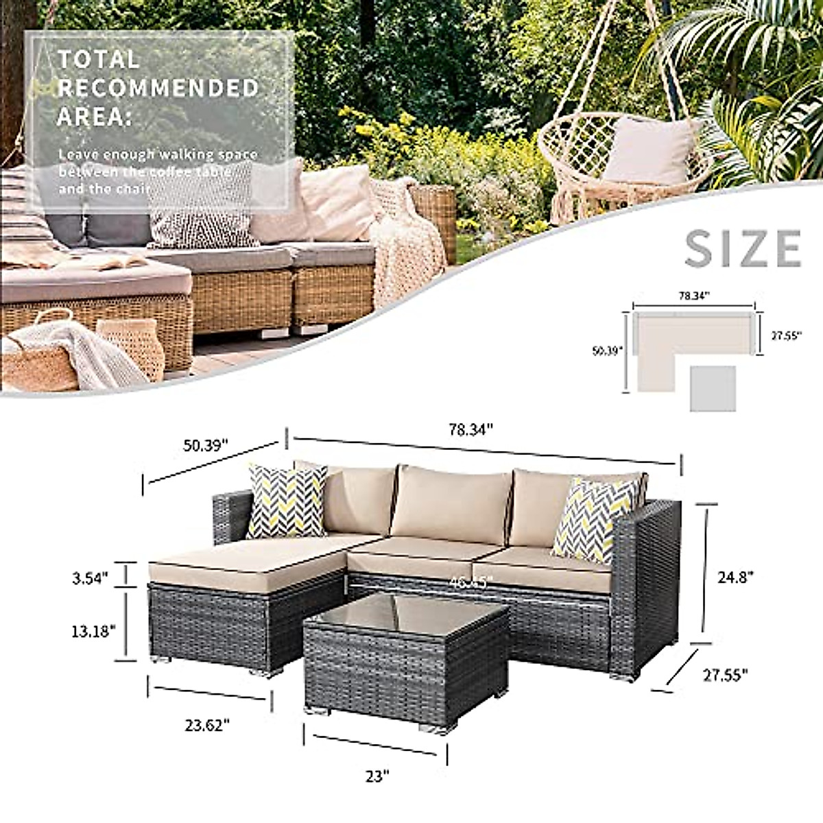 SUNLEI 3-Piece Patio Sectional Sofa, Patio Furniture Set with Detachable Soft Cushions, All Weather Outdoor PE Wicker Patio Conversation Sofa Set with Glass Coffee Table & ottoman, Silver Rattan/Beige