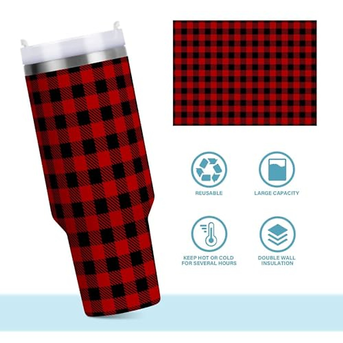 MCHIVER Black Red Buffalo Plaid Tumbler with Lid and Straw 40 oz Insulated Water Bottle Leakproof Water Tumblers for Water Coffee Tea