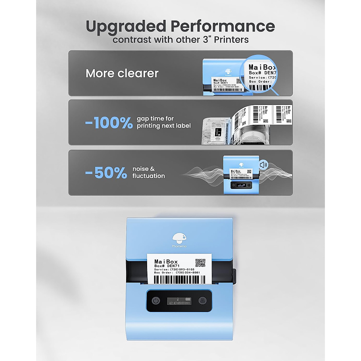 Phomemo M221 Label Printer, Newest Upgraded 3'' Bluetooth Thermal Label Maker, Easier & More Stable,for Product, Address, Barcode, Small Business, Home Portable DIY on Phone/PC,+100 Labels, Sky Blue