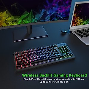 BlueFinger Wireless Gaming Keyboard, Rechargeable RGB Rainbow Backlit Gaming Keyboard, Compact 87 Keys Wireless Keyboard for Mac Laptop Computer PC Gamer