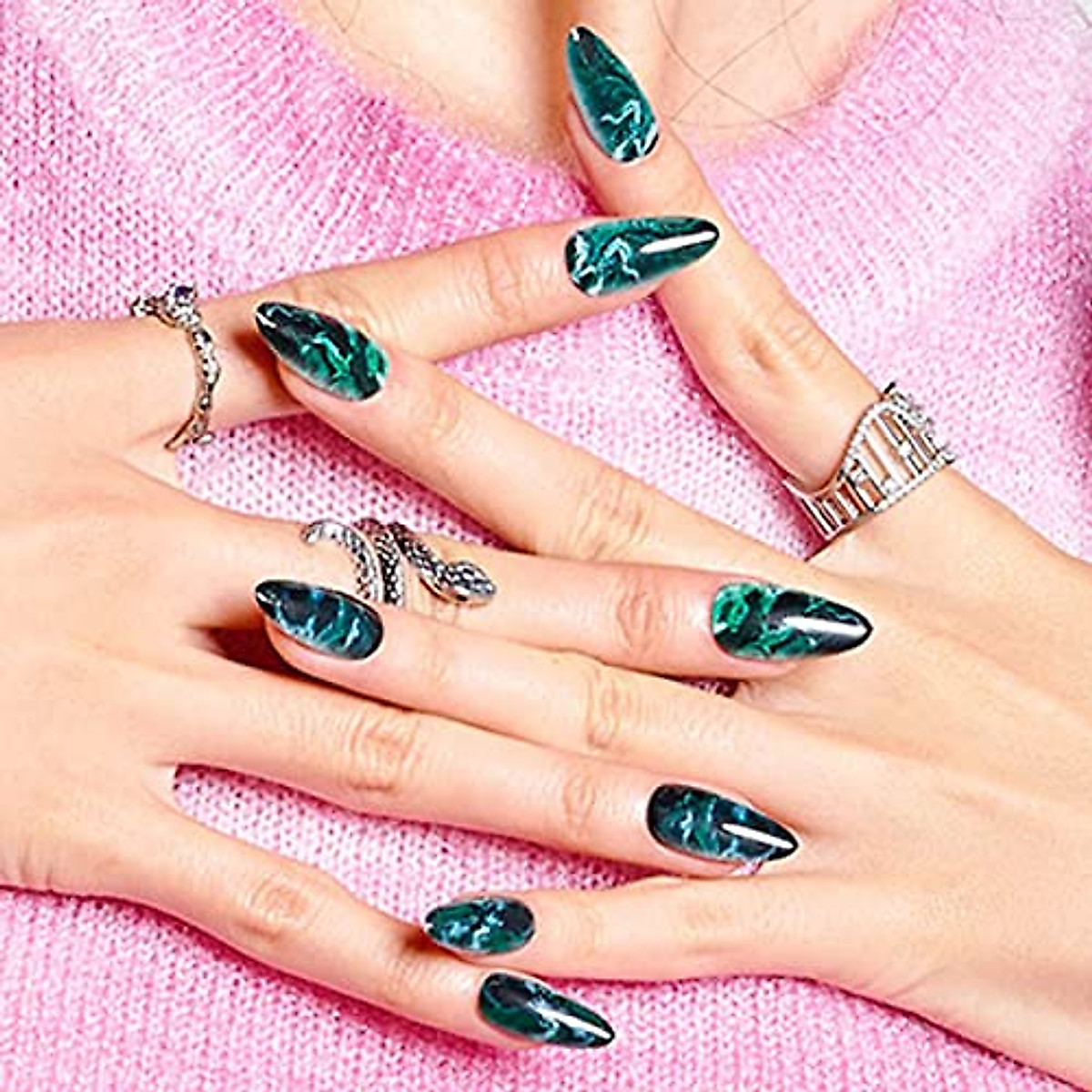 Short Almond Press on Nails, Green Leaves GLAMERMAID Glue on Nails with Design Fake Nails, Medium Oval Ferns Stick on False Nail Kits for Women Girls Gift, Reusable Stiletto Acrylic Nails Sets