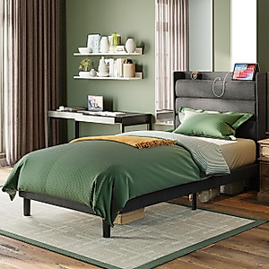 LIKIMIO Twin XL Bed Frames, Storage Headboard with Outlets, Sturdy and Stable, No Noise, No Box Springs Needed, Dark Gray