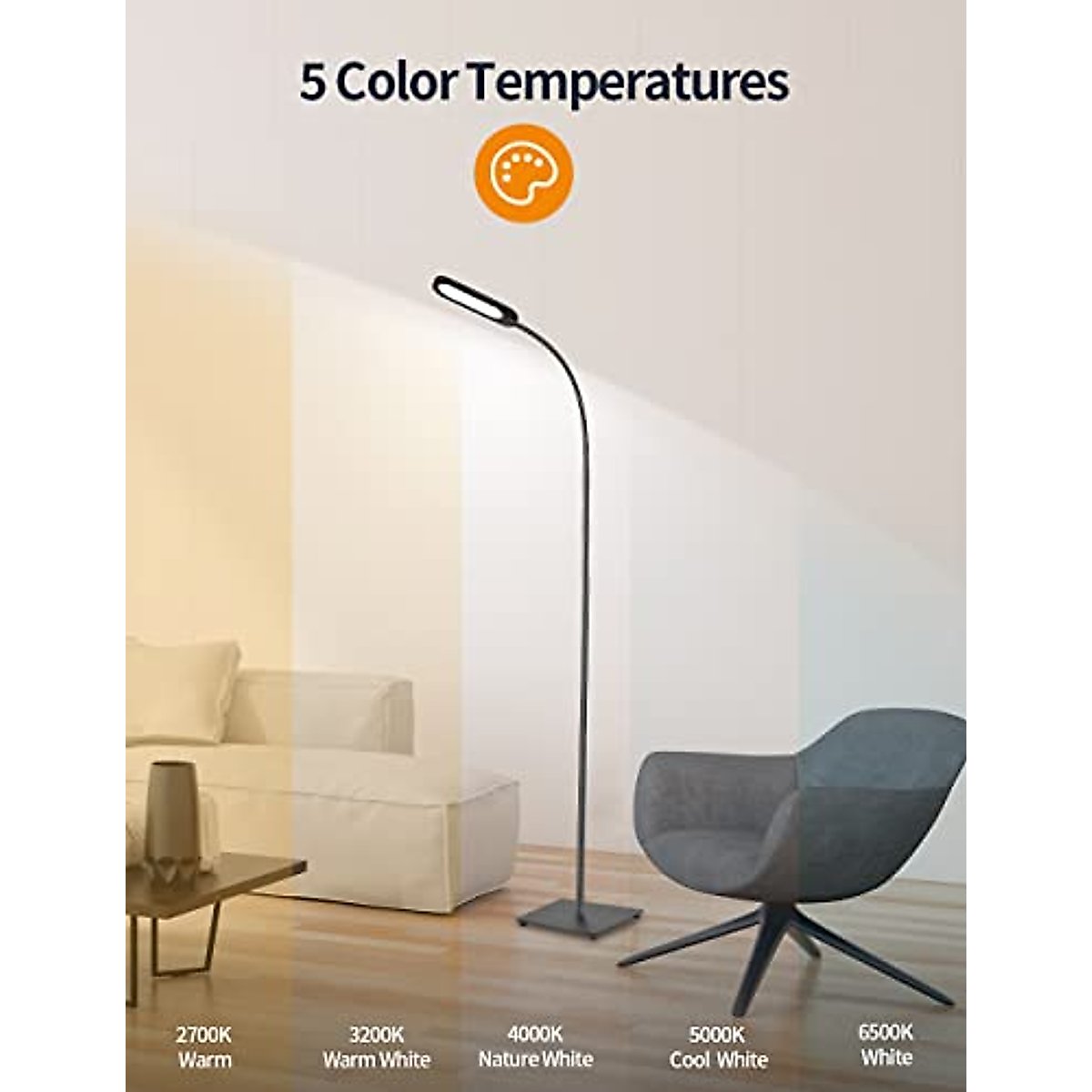 LED Floor Lamp, Standing Lamp with 5 Color Temperature/4 Brightness Levels, Modern Reading Lamp with Adjustable Gooseneck, Dimmable Touch Control Vertical Lamp for Bedroom and Living Room, Black