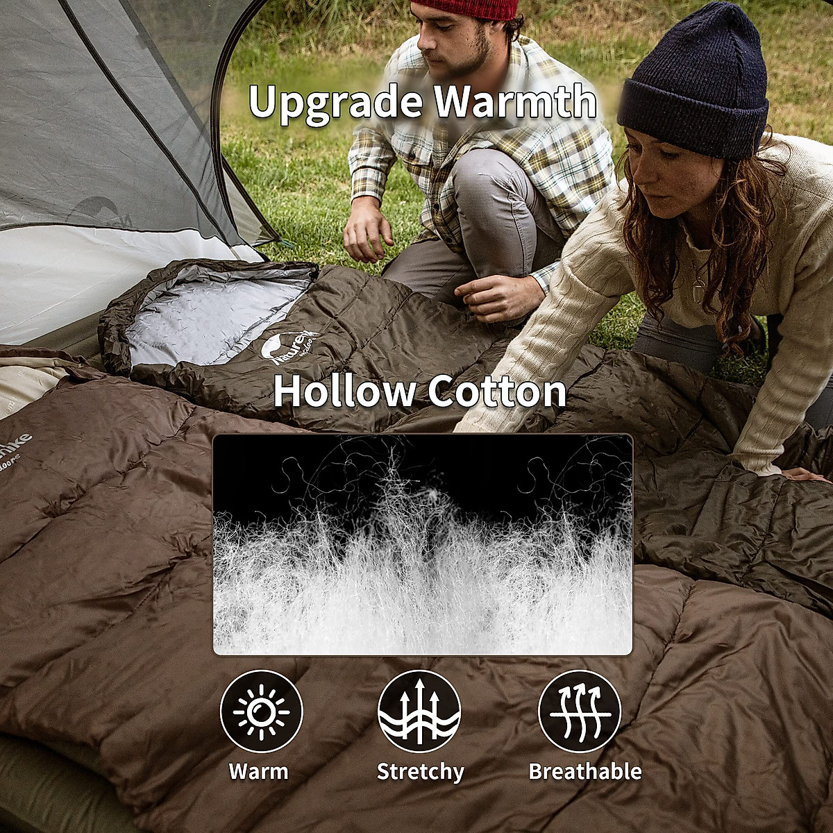 Naturehike Outdoor Camping Portable Hollow Cotton Square Sleeping Bag Winter Single Thick Cotton Sleeping Bag with Cap (Army Green, U150)