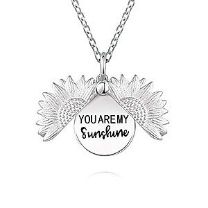 Jinlou You are My Sunshine Stamped Sunflower necklace Locket 925 Sterling Silver Pendant Necklace for Women Teen (silver Sunflower necklace)
