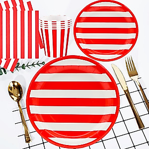 175Pcs Red and White Stripes Party Supplies Set 9"Red and White Striped Plates7"Red carnival Plates Napkins Cup Knive Fork Spoon for Striped Carnival Party Picnic BBQ Birthday Party Decor Serve25