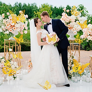 Yeaqee 48 Pcs Large Butterfly Party Decoration 3D Butterflies Wall Decor Set 2 Sizes 3 Styles Large Stickers for Birthday Baby Shower Nursery Bedroom Wedding Decor Cutouts (Gold)