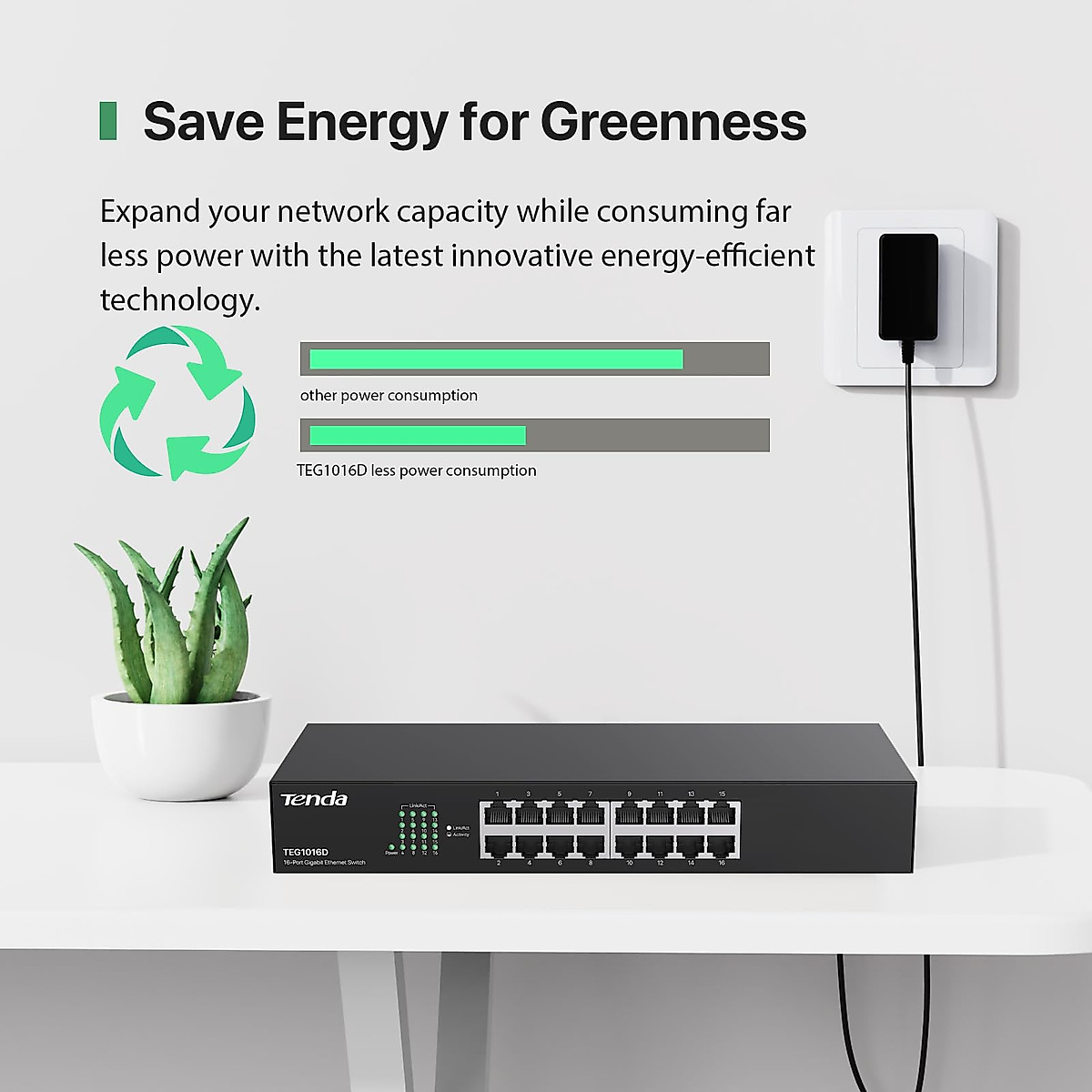 Tenda TEG1016D, Unmanaged 16 Port Gigabit Switch, Rackmount Ethernet Switch, Plug & Play, Fanless & Metal Design Network Switch, Limited Lifetime Protection