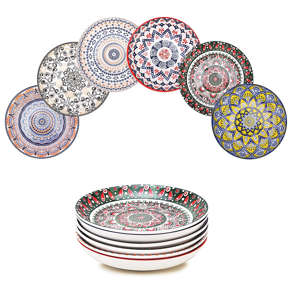 Kitchenexus Ceramic Pasta Bowls Set of 6 30oz Large Salad Bowl Wide and Shallow Porcelain Salad Pasta Dishes Colorful Patterns Serving Plates and Bowls for Pasta, Salad, Cereal, Soup