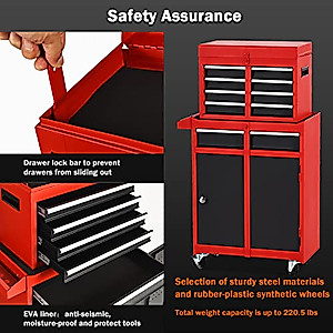 Goplus Rolling Tool Chest, 5-Drawer Tool Box Organizer w/Lockable Wheels & Sliding Drawers & Detachable Top & Adjustable Shelf, Tool Storage Cabinet for Garage Workshop (Red+Black)