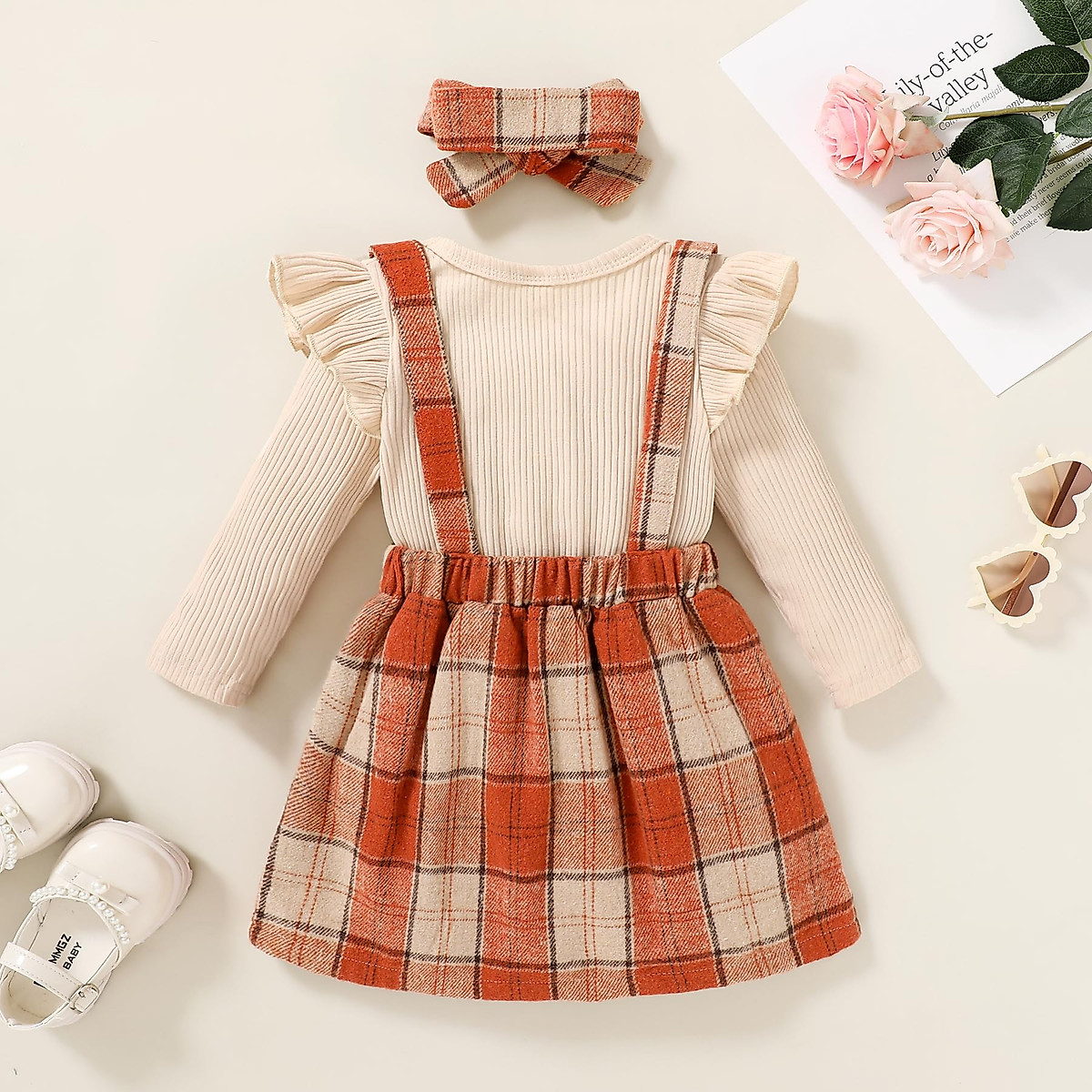 YOUNGER STAR Infant Baby Girl Fall Outfits Romper Jumpsuit Strap Skirt Clothes Set Baby Girl Clothing (3-6 Months,Rust-red khaki plaid skirt)