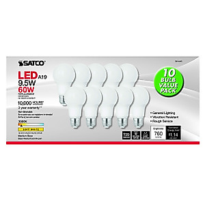Satco S11410 9.5-Watt A19 LED Light Bulbs, 60-Watt Replacement, 3000K Warm White, 760 Lumens, 10 Pack