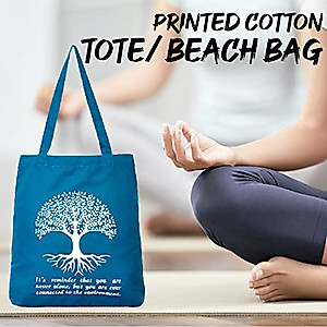Cotton Canvas Tote Bag With Tree of Life Printed - Ethnic Style Shoulder Bag | Inner Zip Pocket Included | Best for Use In Gym, Shopping, Travel, Beach - Petrol