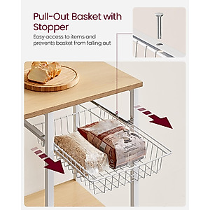 VASAGLE Baker's Rack, Microwave Stand, Kitchen Storage Rack with Wire Basket, 6 Hooks, and Shelves, for Spices, Pots, and Pans, Golden Oak and Cloud White UKKS035W09