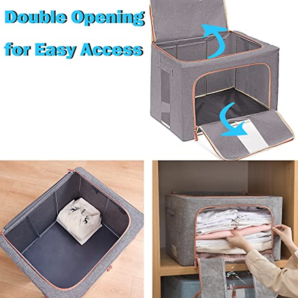 100L Large Clothes Storage Bags, Stackable Storage Bins with Hold Shape Metal Frame, Foldable Closet Organizer Storage Containers with Zipper, Clear Window, Durable Handles Thick Fabric Storage Box for Seasonal Clothing & Bedding (Gray, 3 Pack)