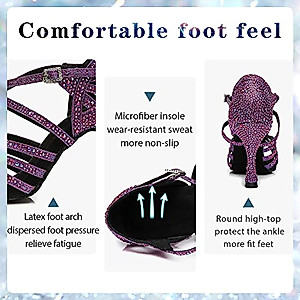 VCIXXVCE Women Professional Latin Rhinestone Dance Shoes Open Toe Salsa Chacha Ballroom Dance Heels Cross Strap Purple,8 US