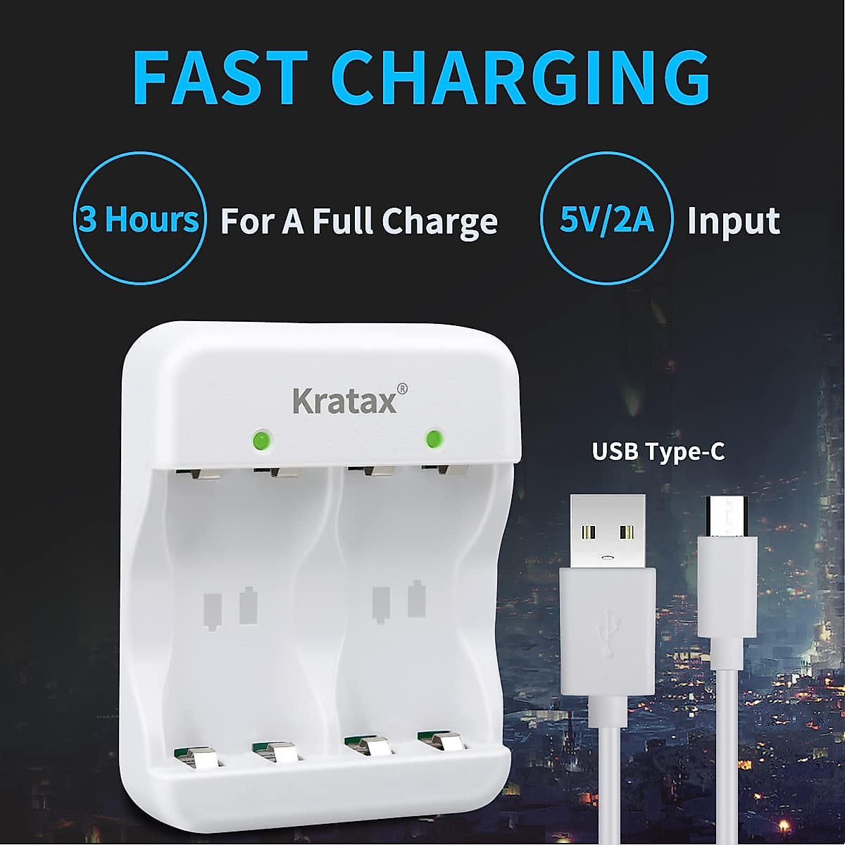 Kratax 2500mAh Rechargeable Batteries 2 Count for Xbox One with Fast Charger, 48 Hours Playtime