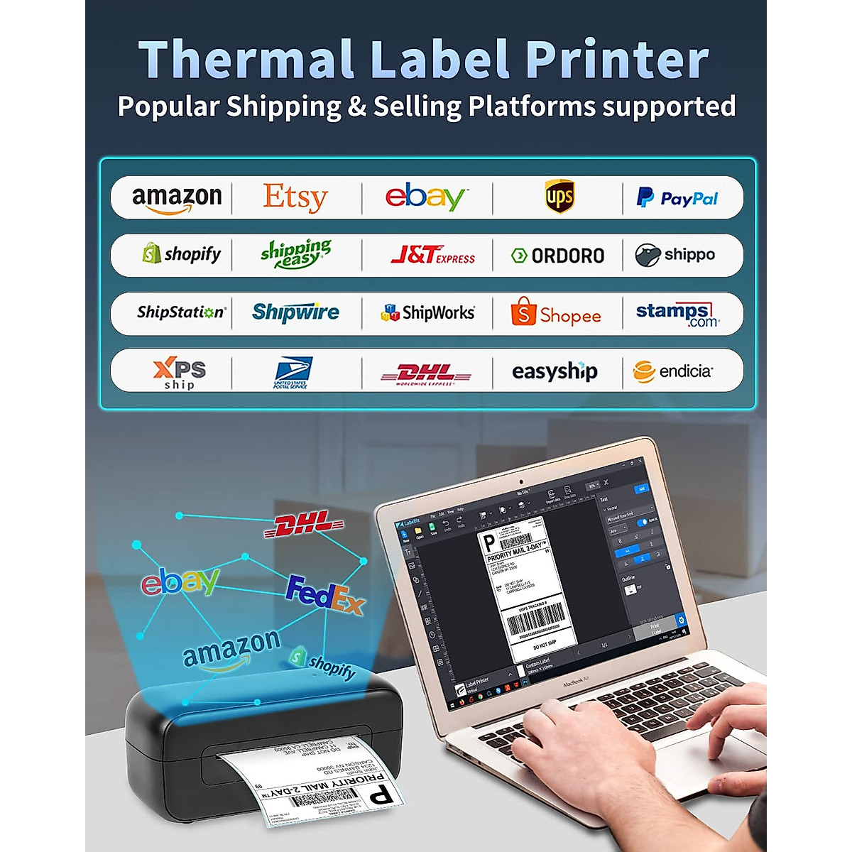 Thermal Label Printer, Shipping Label Printer 4x6, Commercial Direct Desktop Label Printer, Thermal Label Maker Compatible with Amazon, Ebay, Shopify, Etsy, UPS, USPS, FedEx (Black)