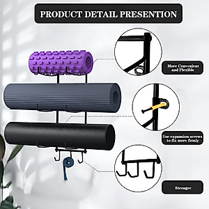 Wall Mount Yoga Mat Foam Roller and Towel Rack with 3 Hooks for Hanging Yoga Strap and Resistance Bands, 3-Sectional Metal (Black)
