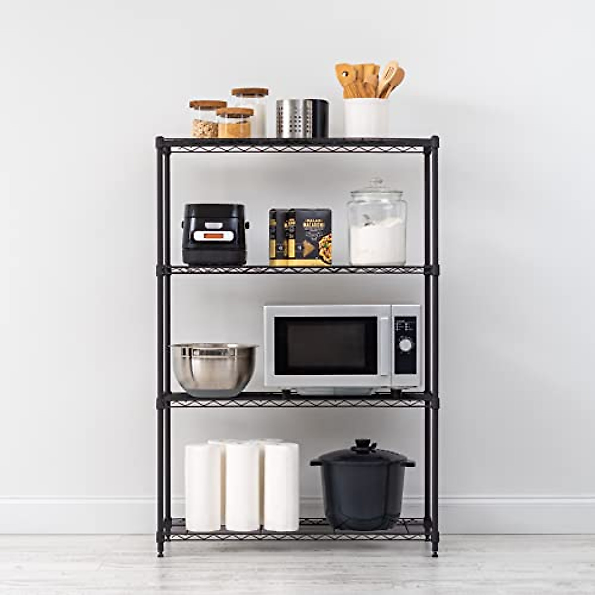 IRIS USA, 4-Tier Adjustable Storage Wire Shelving Unit (200 lbs Loading Capacity per Shelf), Wire Storage Unit with Metal Shelves, Kitchen Rack, Bakers Rack, Matte Black (36" L x 14" W x 53" H)