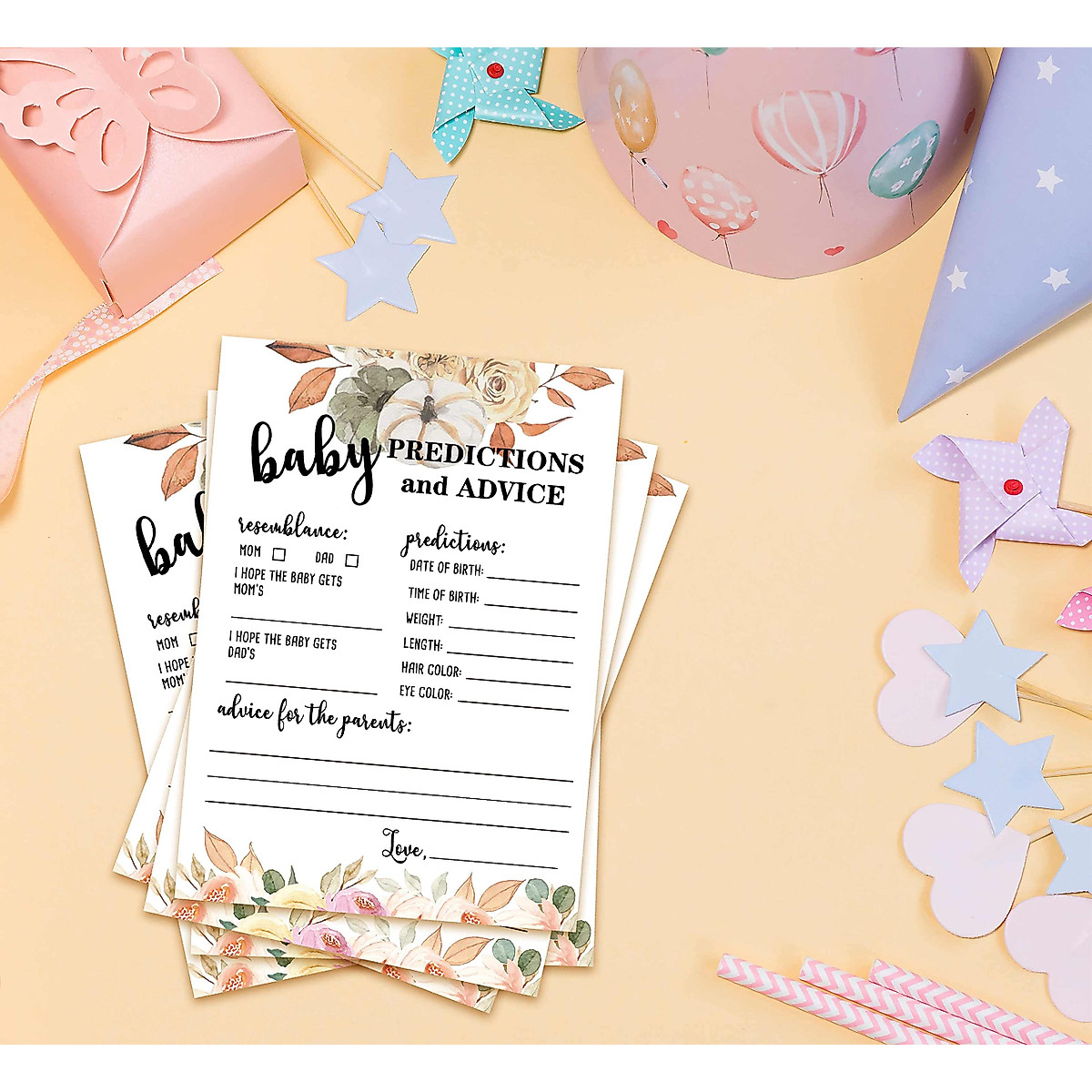 30 Double Side Baby Prediction And Advice Game Cards, Floral Pumpkin Thanksgiving Day Baby Shower Game Cards - 5" x 7"(01)