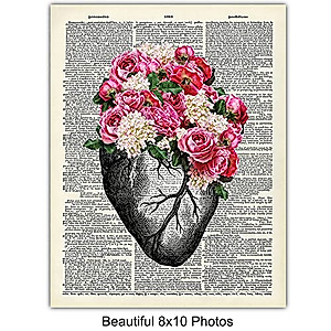 Heart Anatomy Wall Art Decor Set - Vintage Rustic Shabby Chic Floral Home Decorations for Cardiac, Coronary, Cardiology Patients, Medical Office - Gift for Doctor, Nurse Cardiologist - 8x10's UNFRAMED