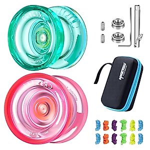 MAGICYOYO 2 Pack Yoyos K2 Crystal Responsive Yoyos for Kids Beginner, Dual Purpose Use with Replacement Unresponsive Bearing for Intermediate Advanced+ Storage Case+ 12 Yoyo Strings (Green+Pink)