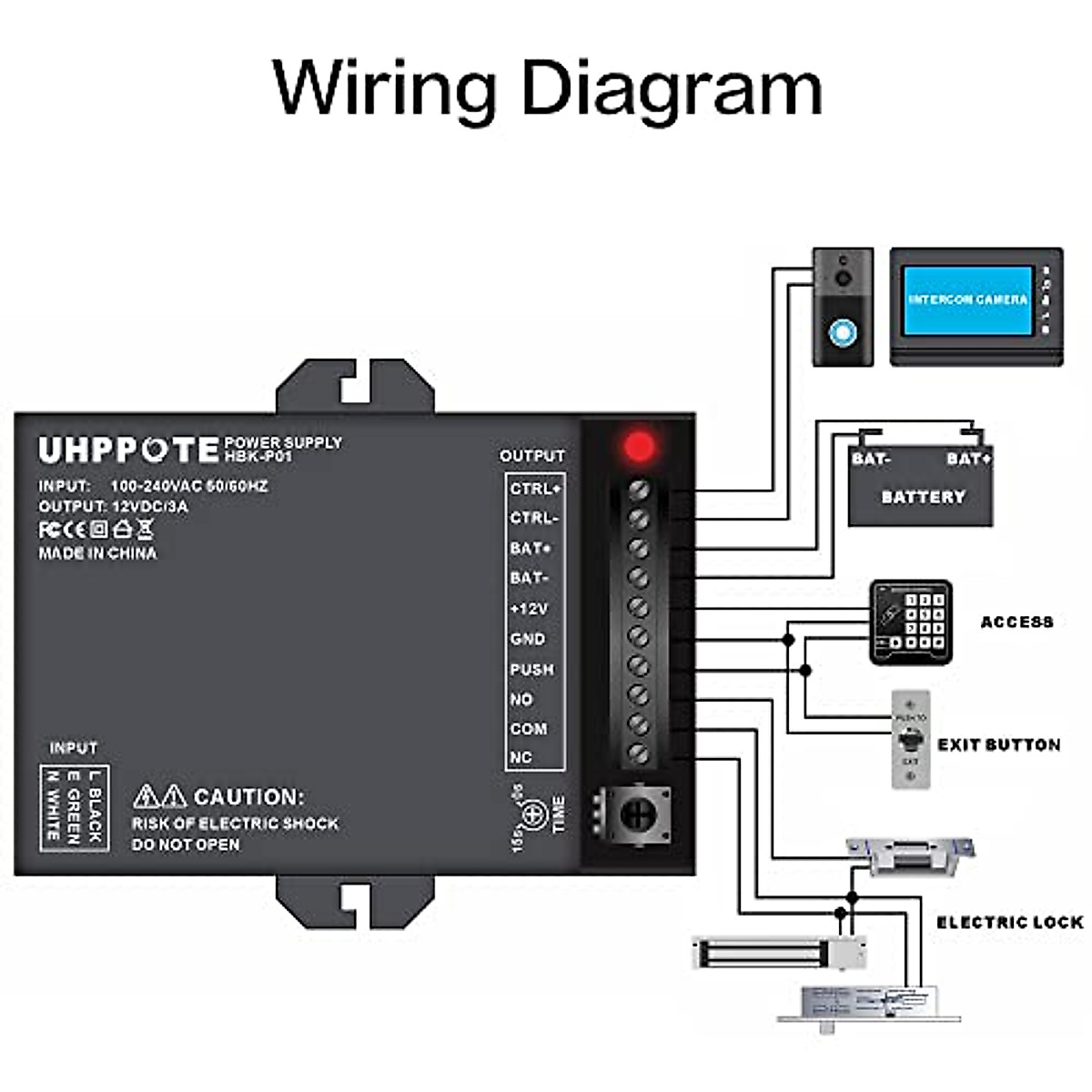 UHPPOTE Door Access Control Power Supply 12V for Electric Lock Intercom Camera (Input:110-240VAC to Output:12VDC)