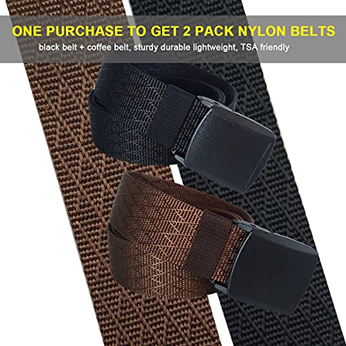 HOANAN Mens Nylon Belt Tactical 2 Pack 28-72 Waist Casual Work No Metal Web Belt (Pant size up to 36", 2pack-black coffee)