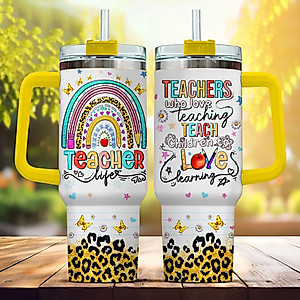 99WHALE Pack Butterfly Teachers Black Handle Funny For Women Coffee Straws Cups Music Pencil Daisy, Teacher Gifts, Tumbler 40 Oz With Handle Lid And Straw, Teacher Rainbow Color Leopard