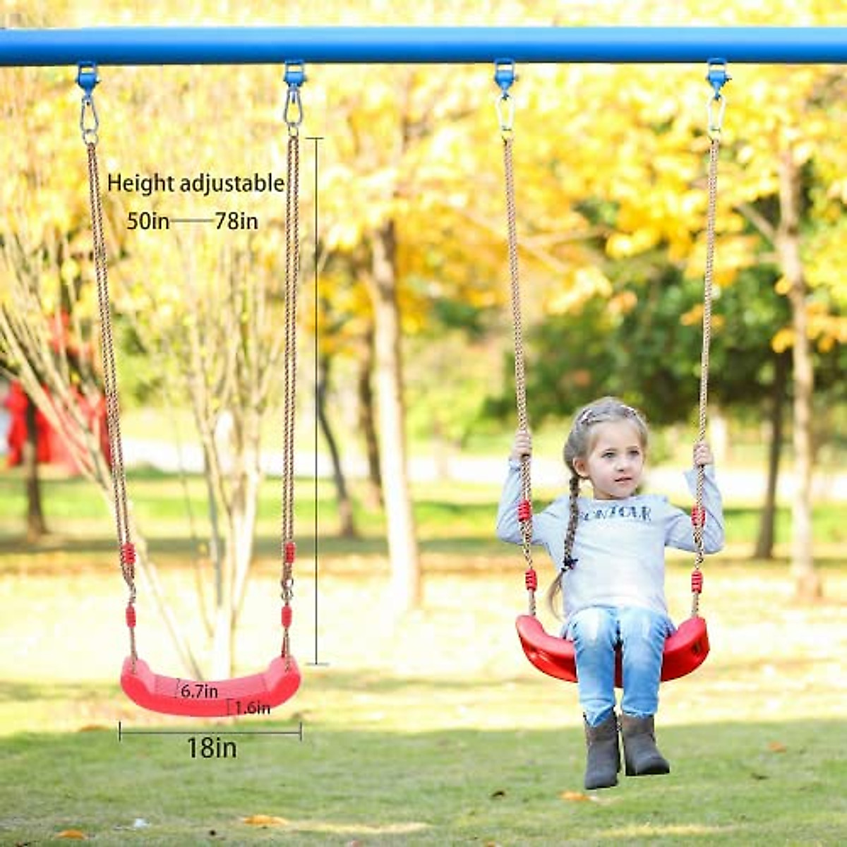 Plastic Swing Seat,Kids Swing Seat with 6.6ft Adjustable Rope and 2 Carabiners,Red Swings for Backyard Playground Indoor Outdoor