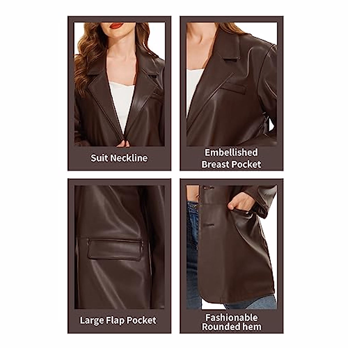Fahsyee Women's Faux Leather Blazer - Women Motorcycle Vintage Moto Biker Coat Vegan Pleather Fashion Jackets Coffee M