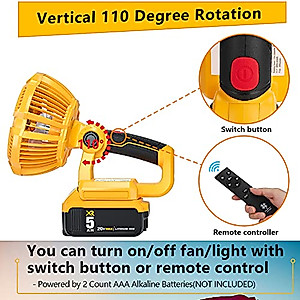 WaxPar For Dewalt Fan Cordless Camping Fan for Dewalt 20V Lithium Battery, USB Floor Fan Battery Operated Fan with 9W LED Light, Remote, 4H Timer Portable Tent Fan for Jobsite, Hiking, Fishing