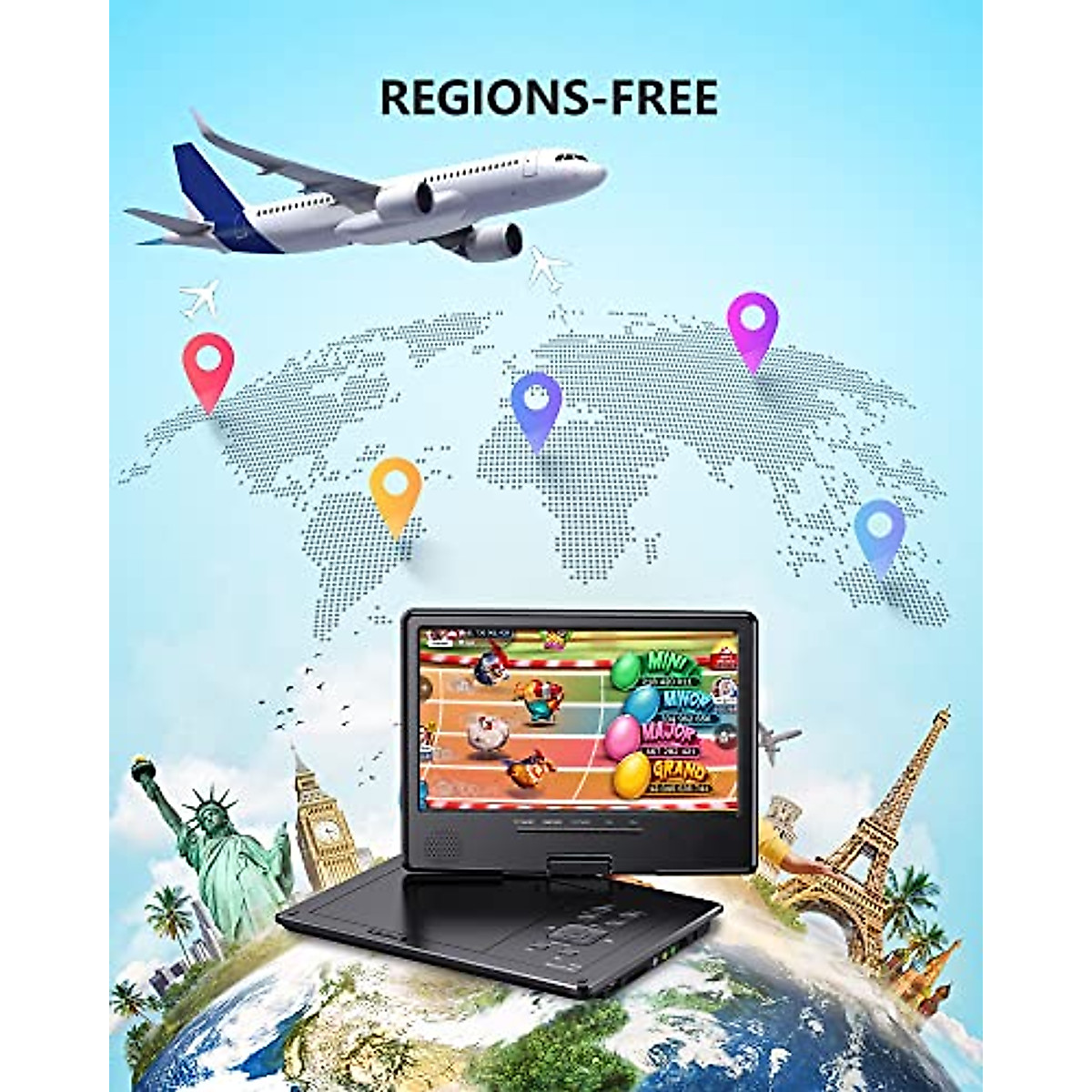 12.5" Portable DVD Player with 10.1" Large HD Swivel Screen, 5-Hour Built-in Rechargeable Battery, Car Headrest Case, Car Charger, Support USB/SD Card/Sync TV, Black