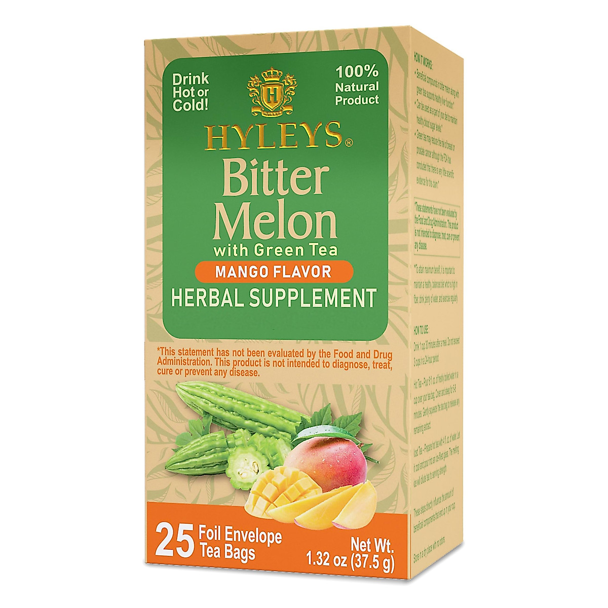 Hyleys Bitter Melon with Green Tea - Mango Flavor - 25 Tea Bags - Supports Healthy Liver Function - Herbal Supplement