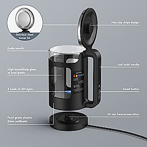Smart Electric Kettle Quiet Glass Electric, Prevent Limescale Ruste Lnner Liner Base，Keep Warm Tea Kettle & Hot Water Boiler，Temperature Control with 5 Presets，Auto Shutoff and Boil-Dry Protection