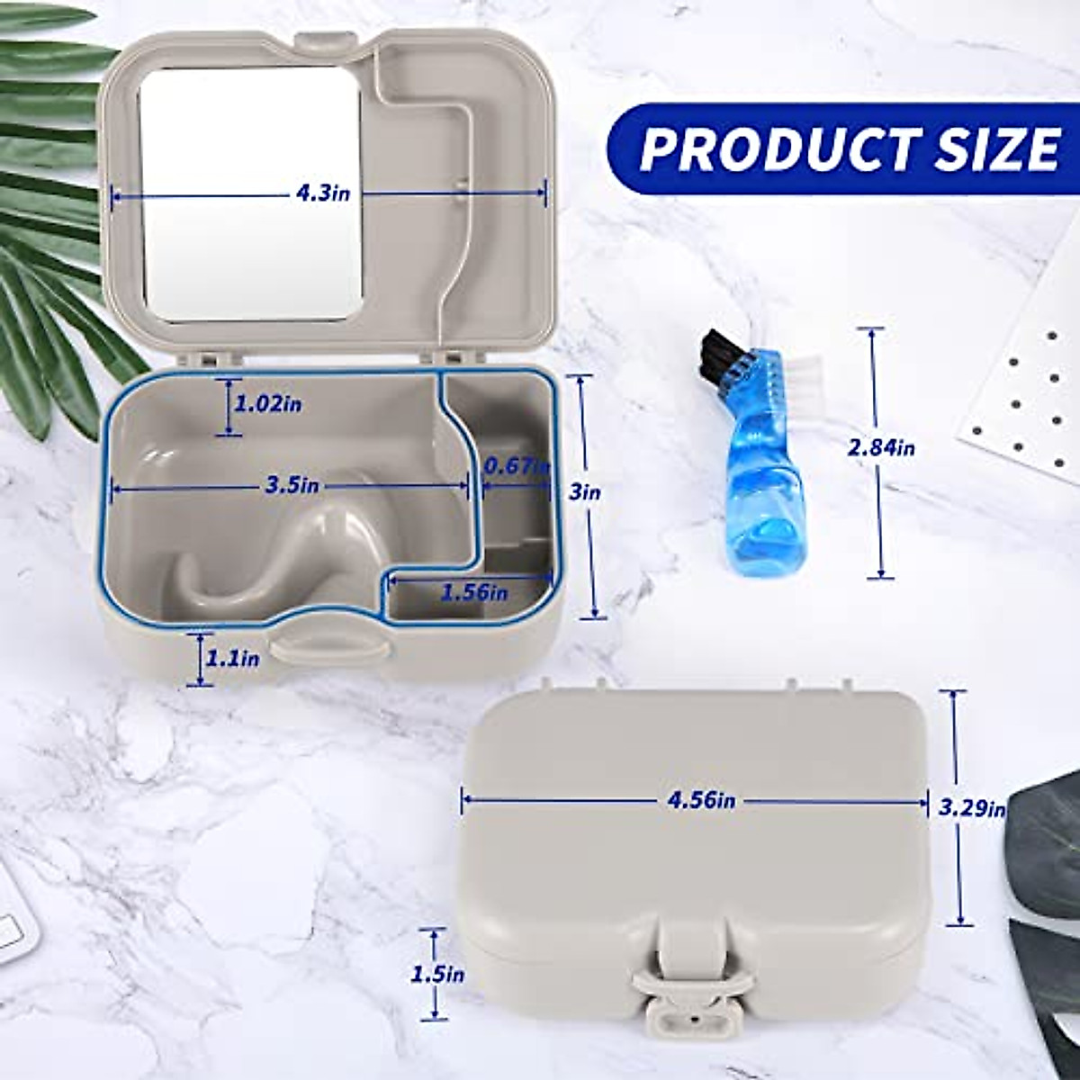 Annhua Denture Cup Bath Box Case with Mirror and Cleaning Brush, Dental Case with Brush Retainer Cleaning Case Mouth Guard Storage Soaking Cup Holder for Travel, Office, Household Use