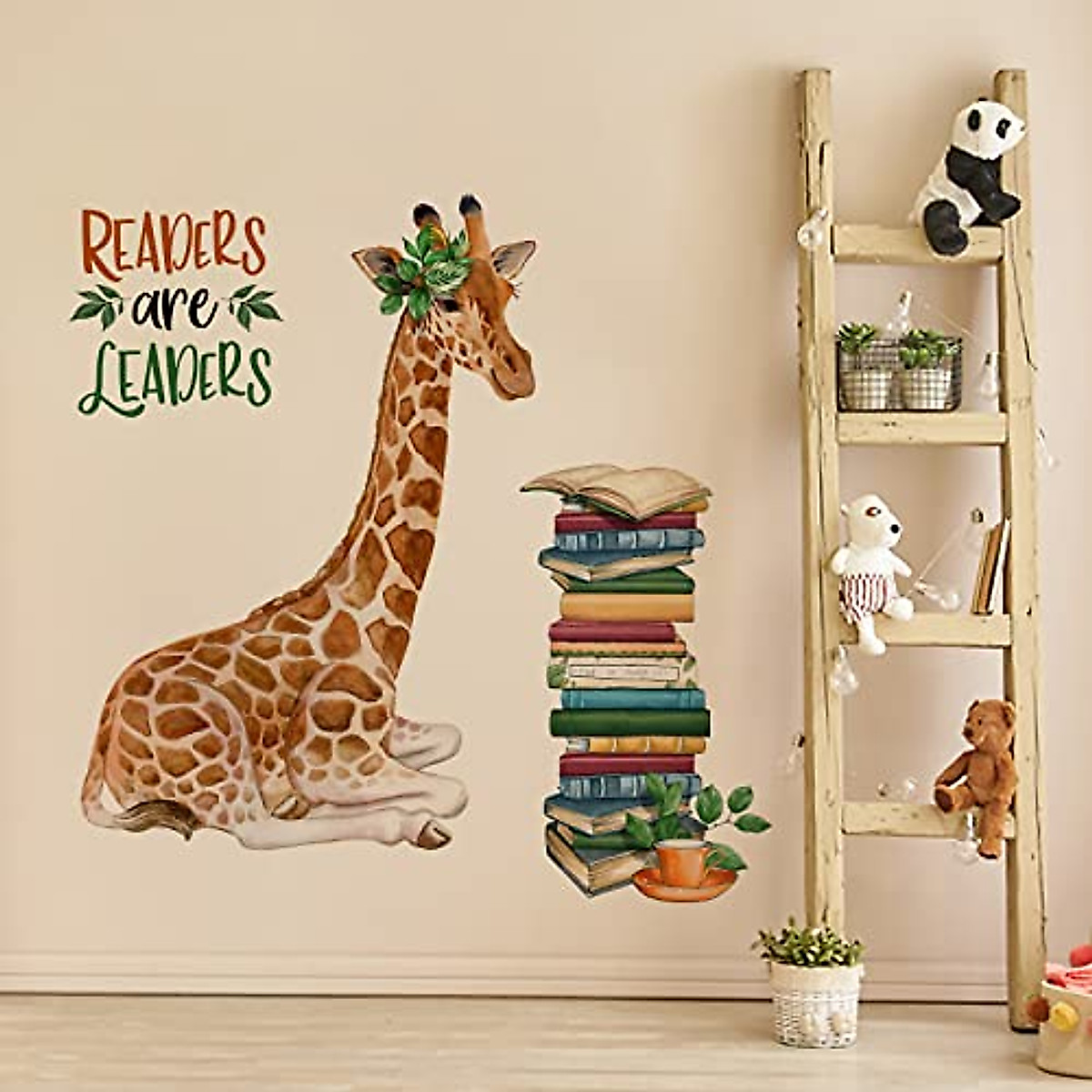 Mfault Giraffe Reading Corner Baby Boys Girls Wall Decals Stickers, Readers are Leaders Woodland Animals Read Books Nursery Playroom Decorations Bedroom Classroom Art, Kids Library Toddler Room Decor