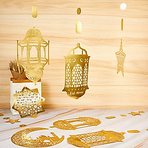 24 Pcs Ramadan Garland Eid Decoration Streamer Ramadan Mubarak Party Banner Star Moon Lantern Streamer Backdrop Shining Hanging Wall Decorations for Home Wedding Birthday Islam Party Decor (Gold)
