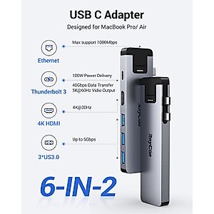 USB C Adapter for MacBook Pro, 6 in 2 USB C Hub 4K HDMI Adapter, MacBook Pro USB Adapter for MacBook Pro/Air 2020-2018 with Thunderbolt 3 Multi-Function Port, HDMI, Gigabit Ethernet, 3*USB 3.0