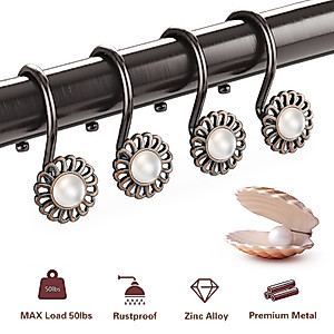 Oil Rubbed Bronze Shower Curtain Hooks, Decorative Sunflower Shower Curtain Rings for Bathroom Shower Curtain Rods and Liner,Metal Shower Hooks, Floral Pearl Shower Rings for Curtain Set of 12