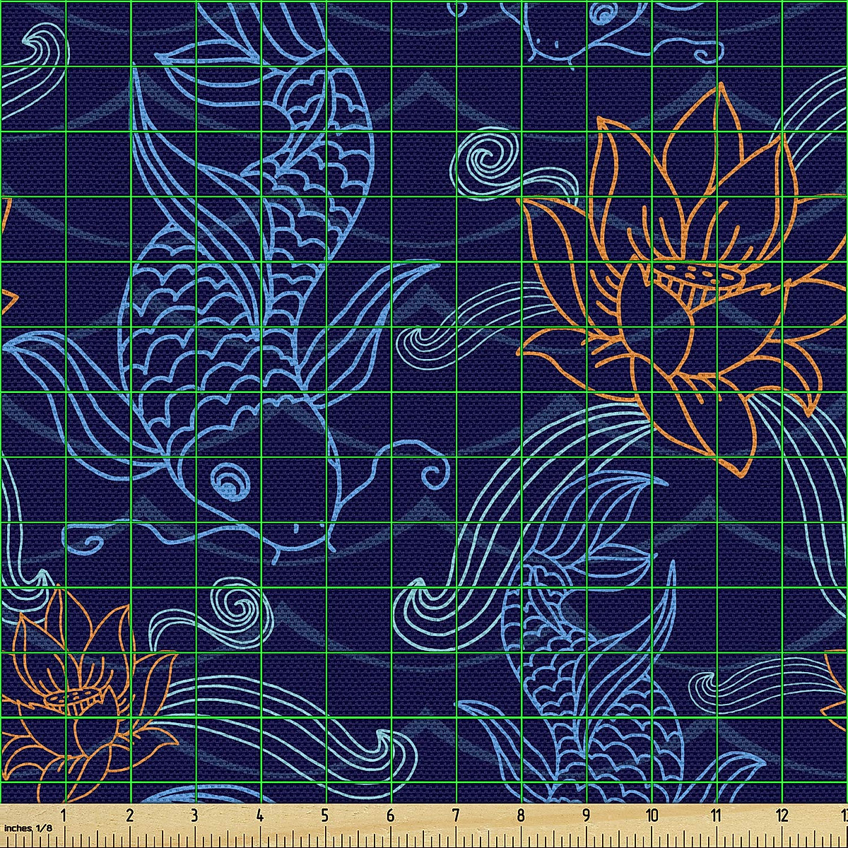 Ambesonne Fish Fabric by The Yard, Oriental Koi Fish Floral Arrangement Petals and Leaves Doodle Style Animal, Decorative Fabric for Upholstery and Home Accents, 3 Yards, Orange Blue