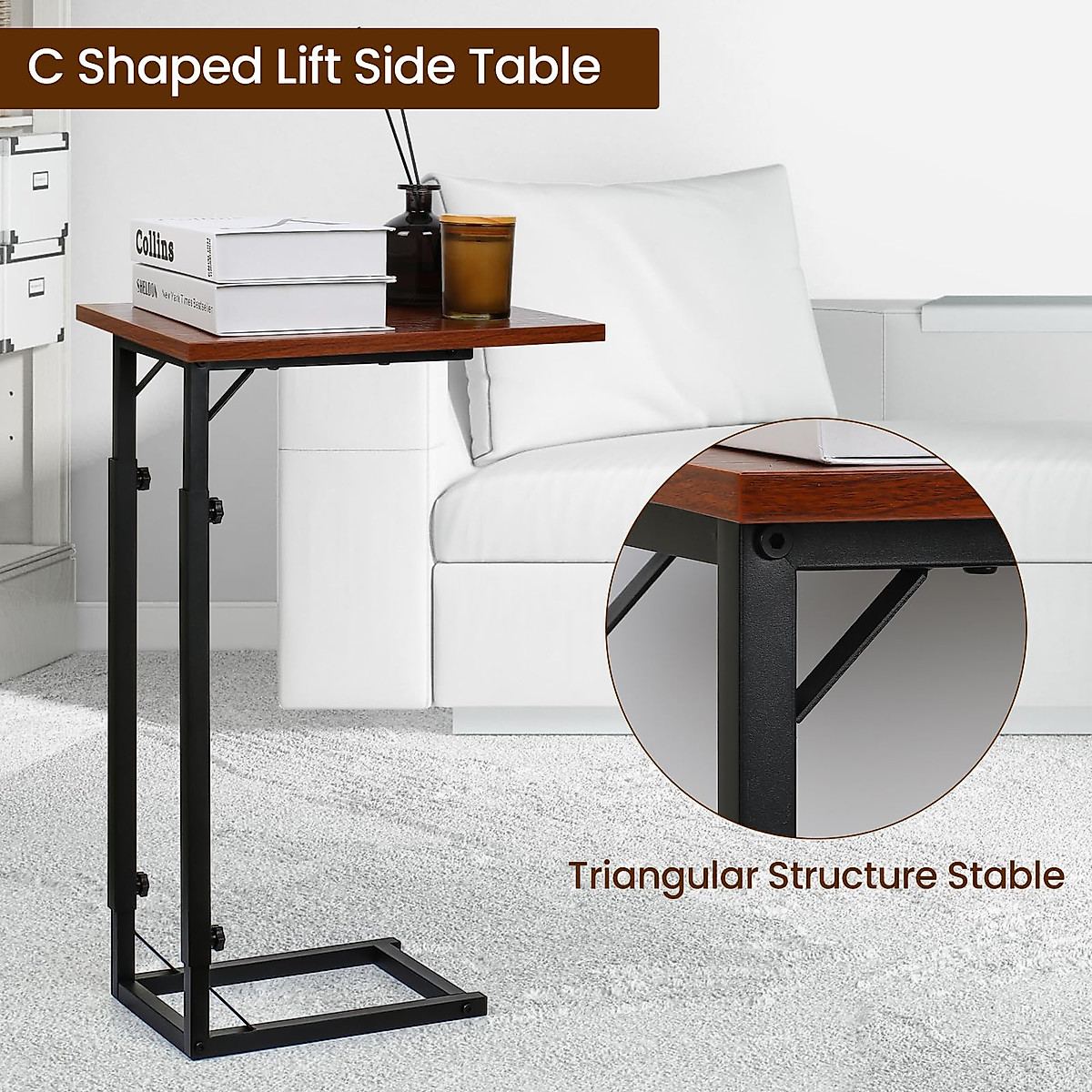 WHEARTED Adjustable C Shaped End Table - C Table Side Table for Couch and Sofa, Small Coffee Table with Metal Frame in Living Room, Bedroom, Bedside Rustic Brown