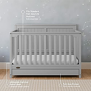 Graco Hadley 5-in-1 Convertible Crib with Drawer (Pebble Gray) – GREENGUARD Gold Certified, Crib with Drawer Combo, Full-Size Nursery Storage Drawer, Converts to Toddler Bed, Daybed
