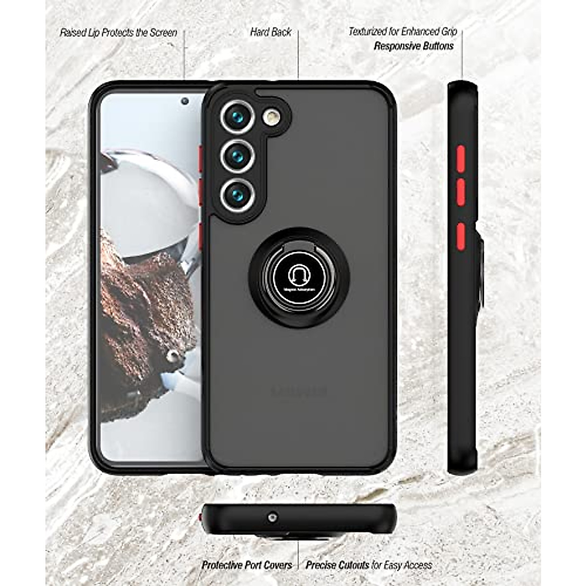 Zotita for Samsung s23 Mobile Phone Protective case with Metal Ring and Built-in Iron Plate, Heavy Enough to Reach Military Level, Better Protect Your Mobile Phone Black+red