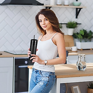 Gandeer 18 Pieces Skinny Acrylic Tumbler with Lid and Straw 16 oz Matte Cups Double Layer Plastic Tumbler Cups Vinyl Customized DIY Gifts for Parties, Birthdays, Home, Office, Bridal Shower (Black)