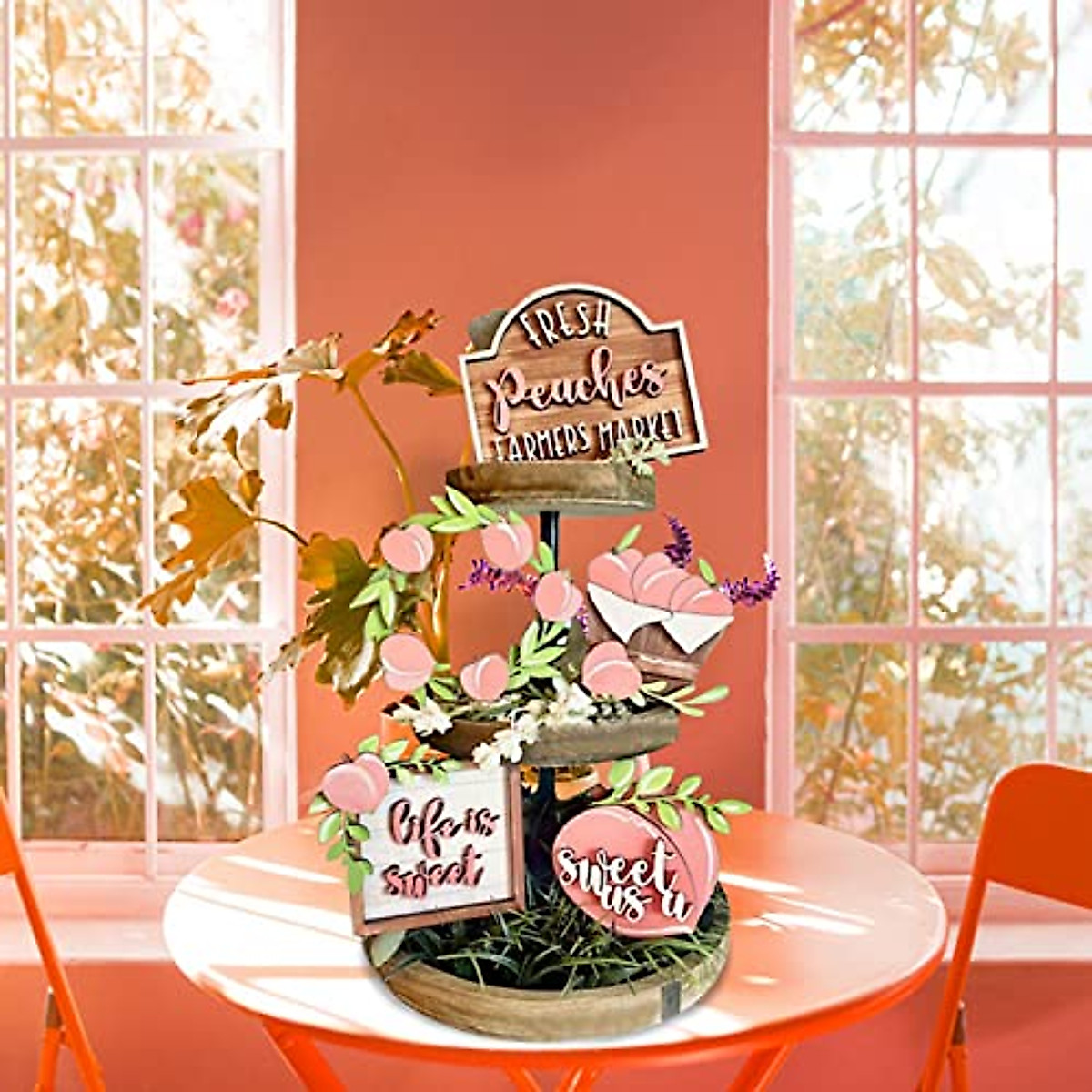 5 Pieces Summer Peaches Tiered Tray Decorations Wooden Rustic Farmhouse Tiered Tray Decor Set, Summer Fresh Pink Peaches Fruit Market Signs Independence Day Kitchen Home Table Shelf Holiday Decor