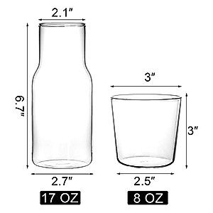 YOUEON 4 Pcs 17 Oz Bedside Water Carafe and Glass Set, Water Carafe with Glass Cup for Nightstand, Glass Mouthwash Bottle, Clear Juice Pitcher, Carafe with Cup for Kitchen, Bedroom or Bathroom