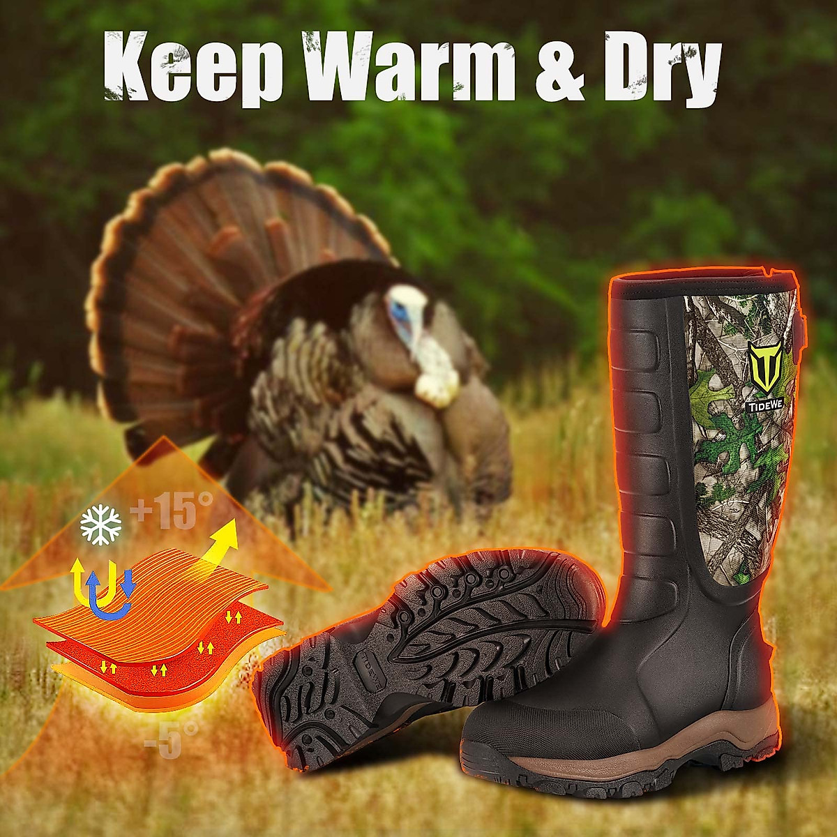 TIDEWE Hunting Boots Snake Proof for Men, Waterproof Insulated Warm Rubber Boots with Steel Shank, 5mm Neoprene Warm Sturdy Lightweight Outdoor Boots, Sturdy Work Boots for Farming Gardening Fishing