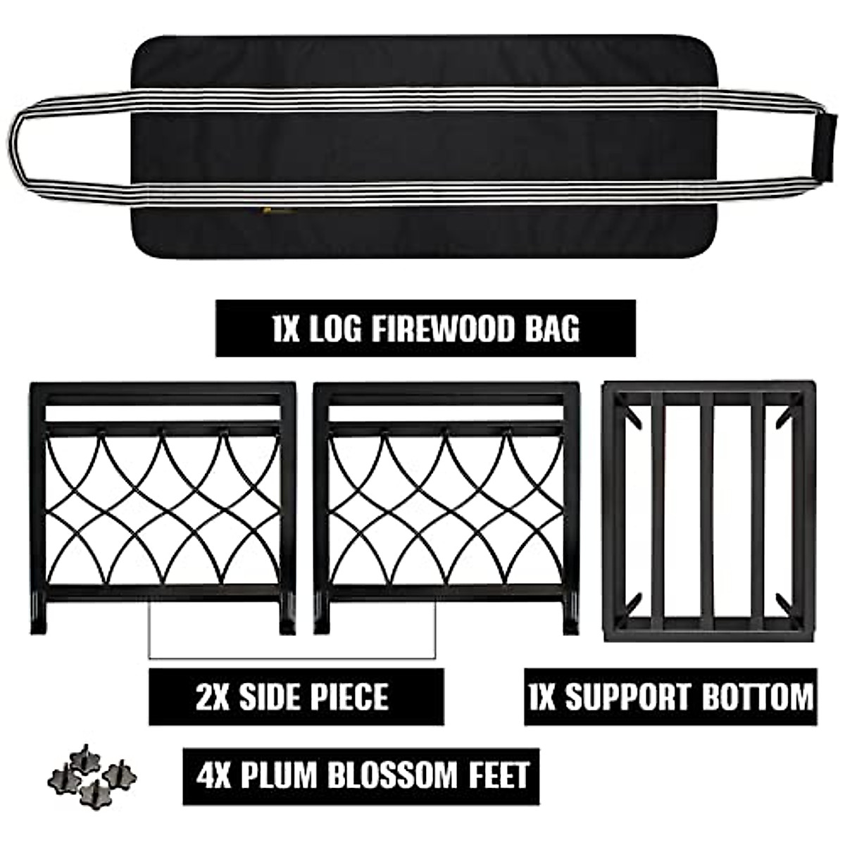 MYFIREPLACEDIRECT Firewood Rack with Log Bag Fireplace Log Holder Indoor Outdoor Wood Storage Log Rack Decorative Heavy Duty Steel Firewood Carrier Stove Bracket Stacking Rack